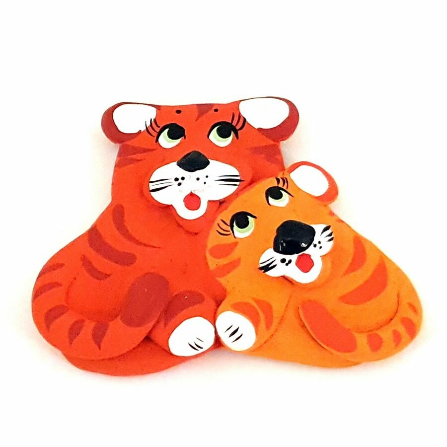 Магнит "Тигрята парочка", Ковровская глиняная игрушка, ручная авторская работа