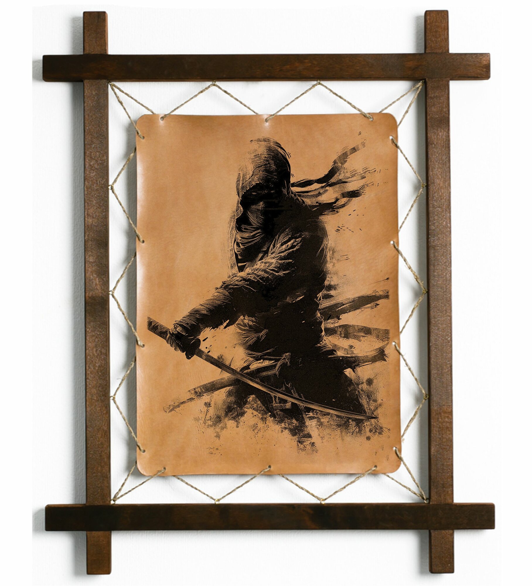 Интерьерная картина из натуральной кожи "Ниндзя", декоративное настенное панно в деревянной раме, BoomGift