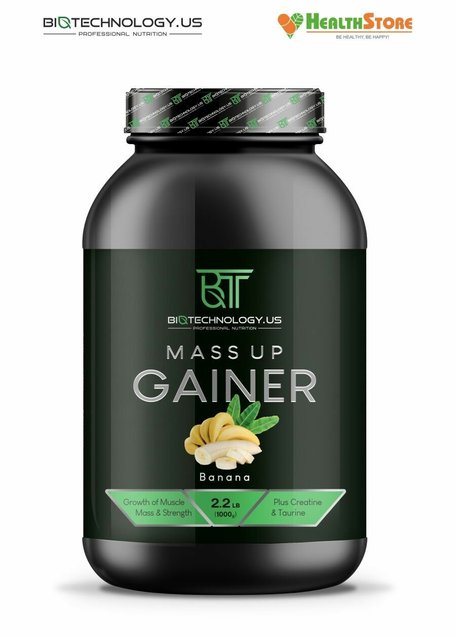 Biotechnology.US Mass Up Gainer jar 1кг (банан) Гейнер высокоуглеводный, гейнер с креатином и таурином