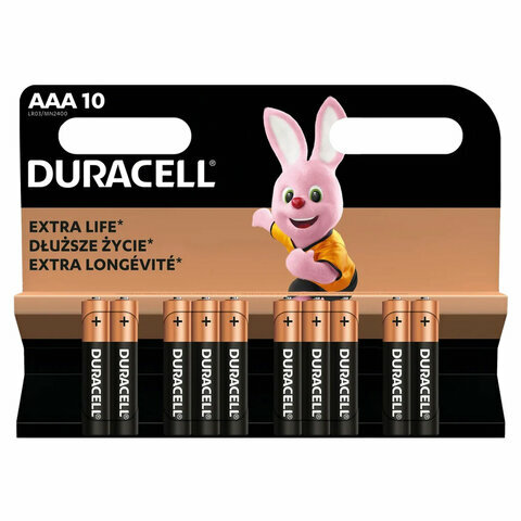 Батарейки комплект 10 шт, DURACELL Basic оригинал, AAA (LR03, 24А), алкалиновые, мизинчиковые