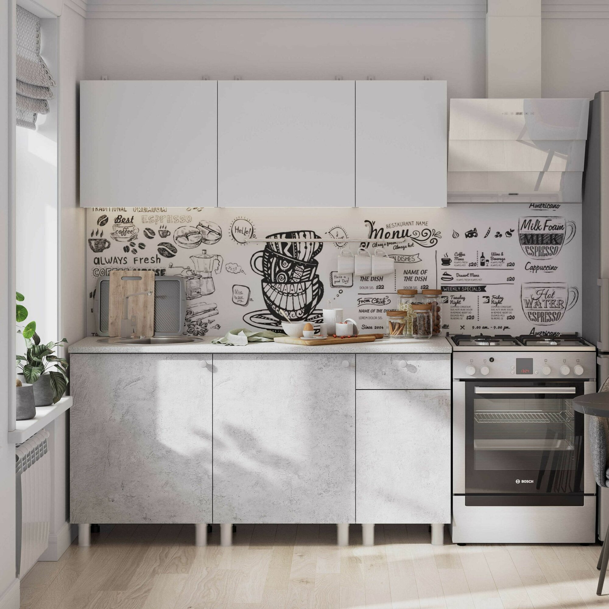 Кухонный гарнитур КГ №1 (1600), Белыи/Цемент светлыи/Антарес