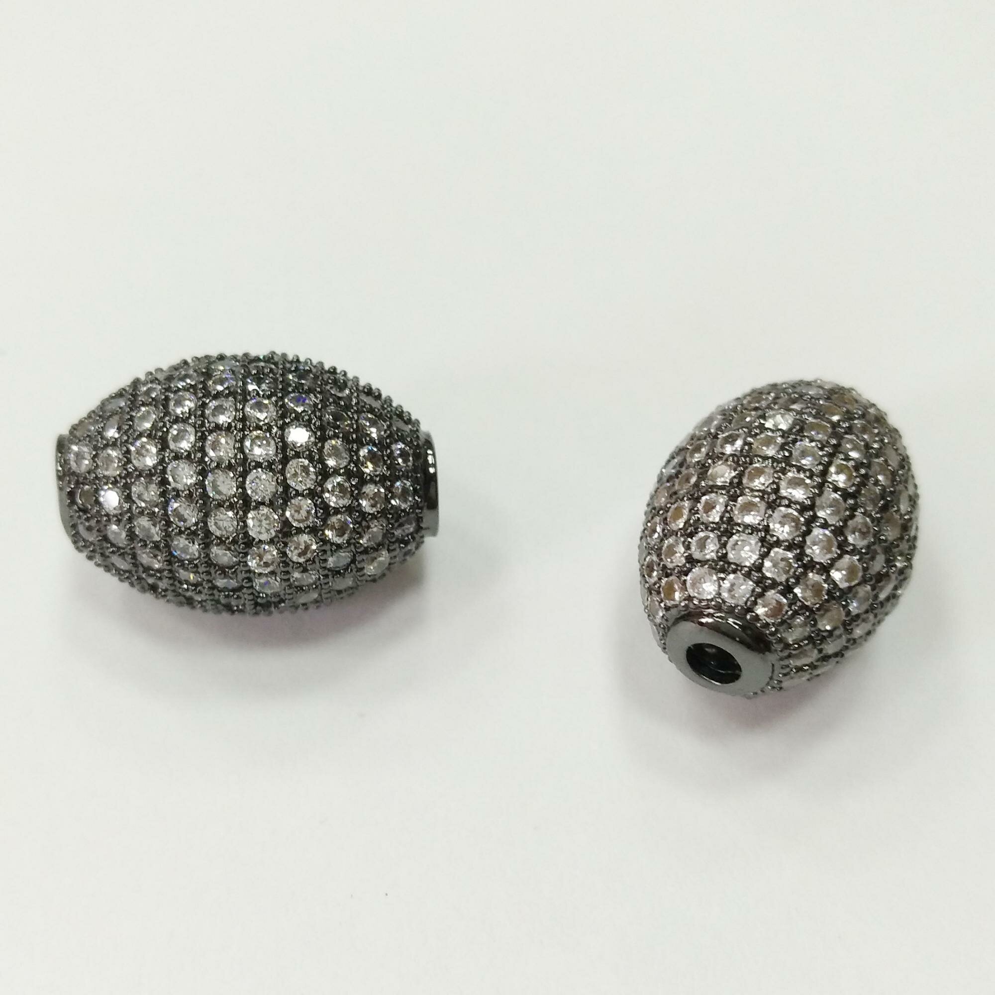 Бусина металлическая, 16х12мм, Milano, Овальная с фианитами, базовый материал - латунь, вороненая сталь, 1 шт.