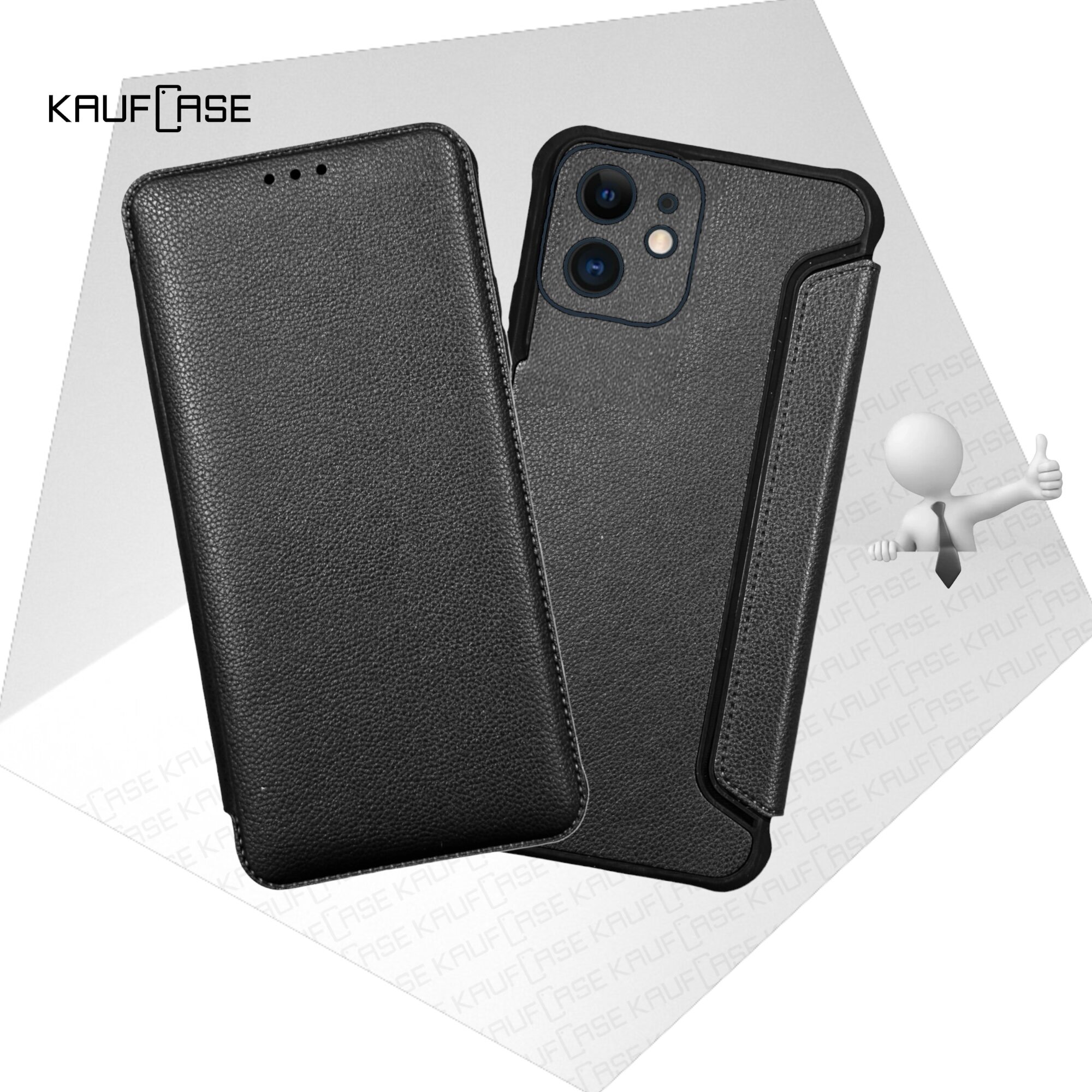 Тонкий и противоударный чехол-книжка Apple iPhone 11 (6.1"), черный. Текстура под кожу; Вырез под динамик; Карман для карты