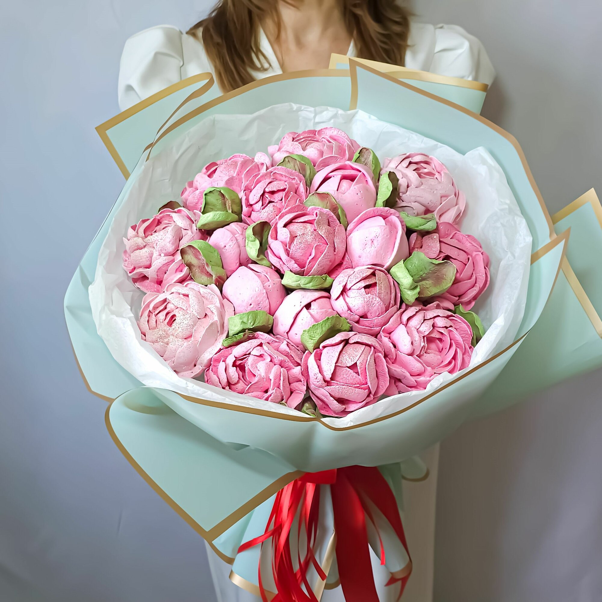 Букет из зефира 'Сладкое счастье пионов' сладкий подарок подруге, маме, жене на День рождения, Подарочный набор