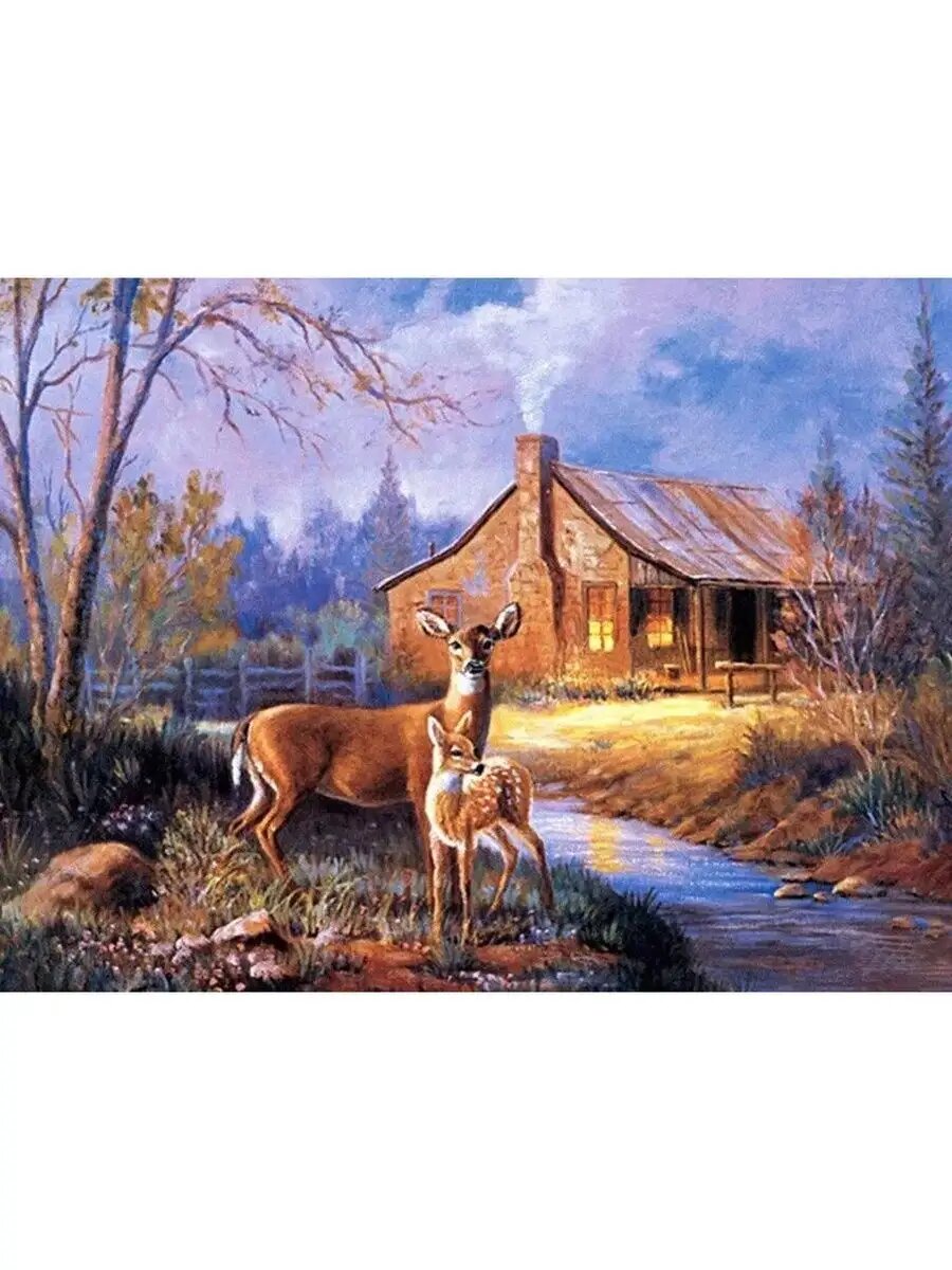 Алмазная мозаика "Олени у домика"