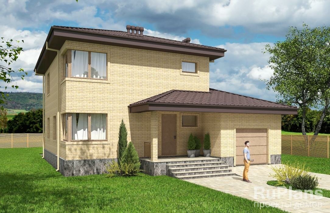 Двухэтажный дом с подвалом, гаражом и террасой (202 м2, 14м x 12м) Rg5553
