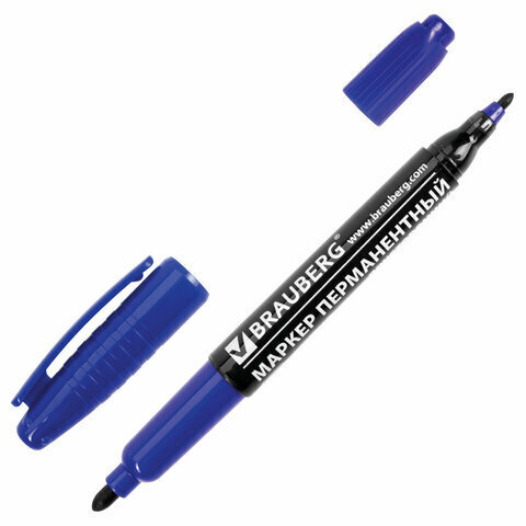 Маркер перманентный (нестираемый) BRAUBERG двусторонний, синий, круглый наконечник, 2-4 мм, 150837