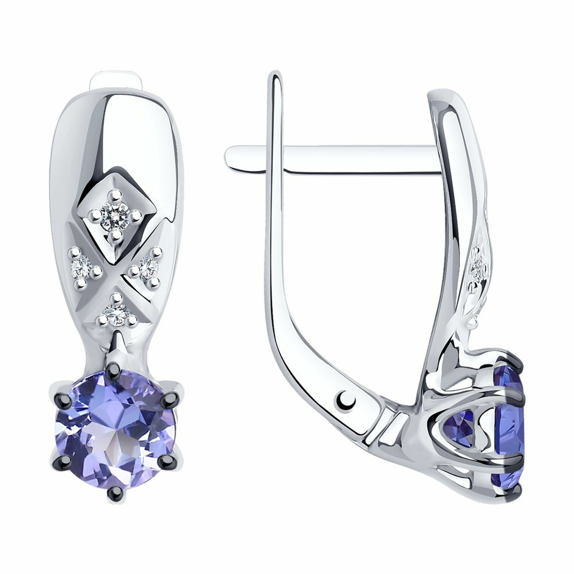 Серьги, белое золото, 585 проба, бриллиант, танзанит