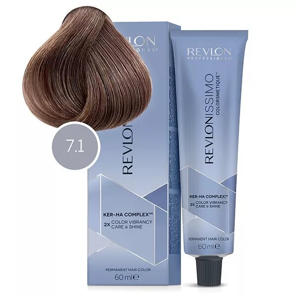 Краска для волос Revlon Professional Coloring Hair Revlonissimo Colorsmetique Care & Shine, Краситель с гиалуроновой кислотой перманентный. Перманентный Краситель с Гиалуроновой кислотой, Гарантия Результата Окрашивания + Уход за Волосами, 7.1
