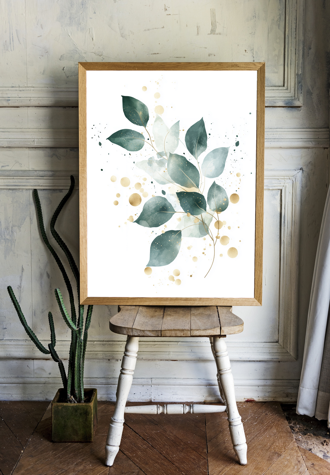 Постер "Листья с золотыми каплями" 50x70 в раме