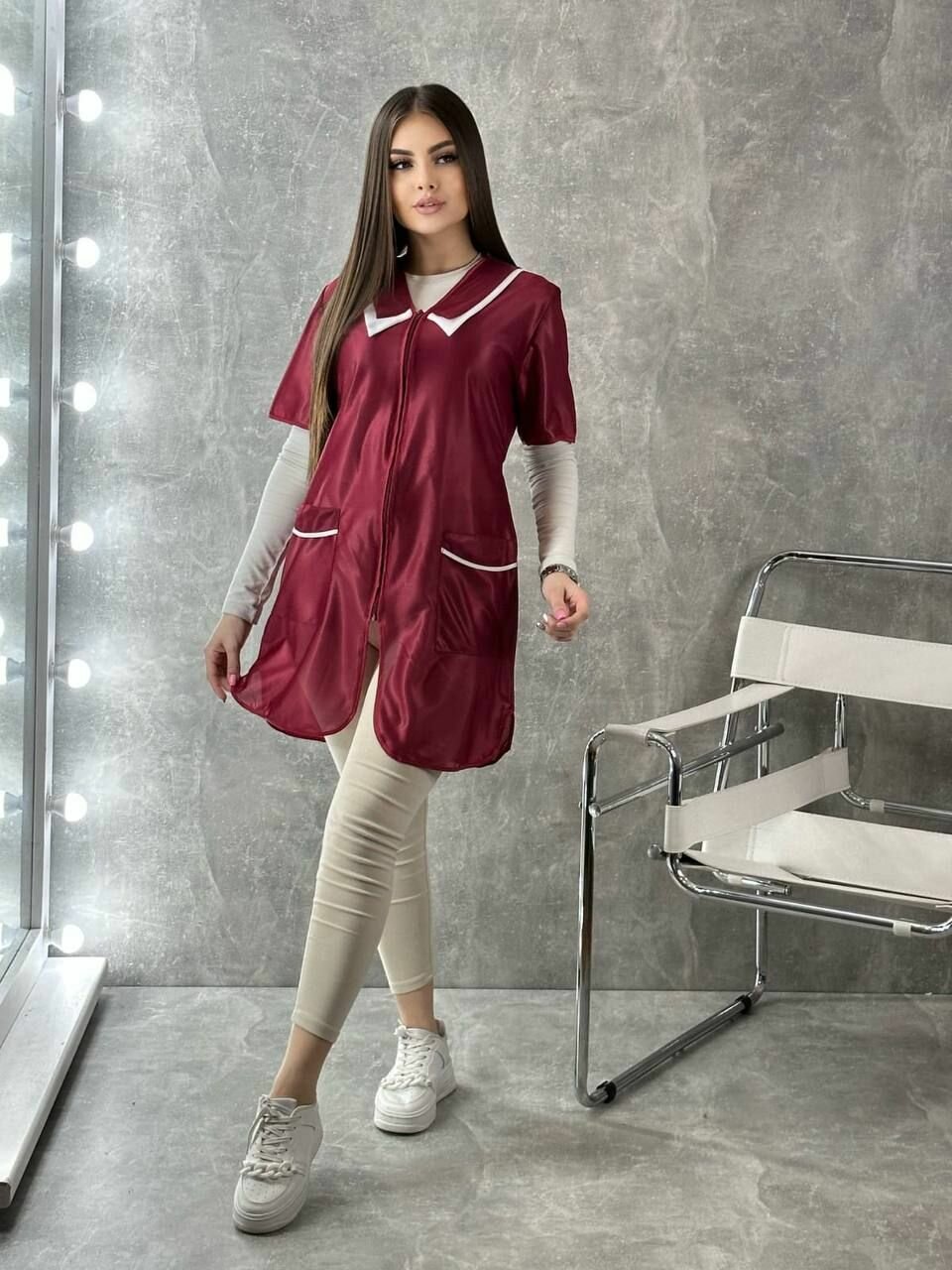 Халат рабочий женский Умница с рукавом. Сарафан парикмахерский, фартук универсальный подходит для продавцов, уборщиц, поваров, флористов и парикмахеров