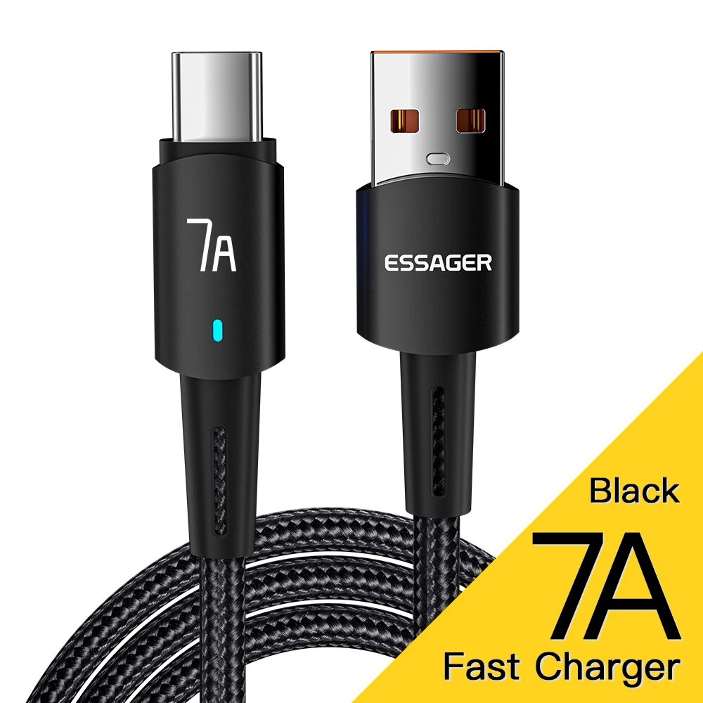 Кабель зарядный Essager 7A USB Type-C с поддержкой быстрой зарядки, 100 Вт 1 м, 7A Black