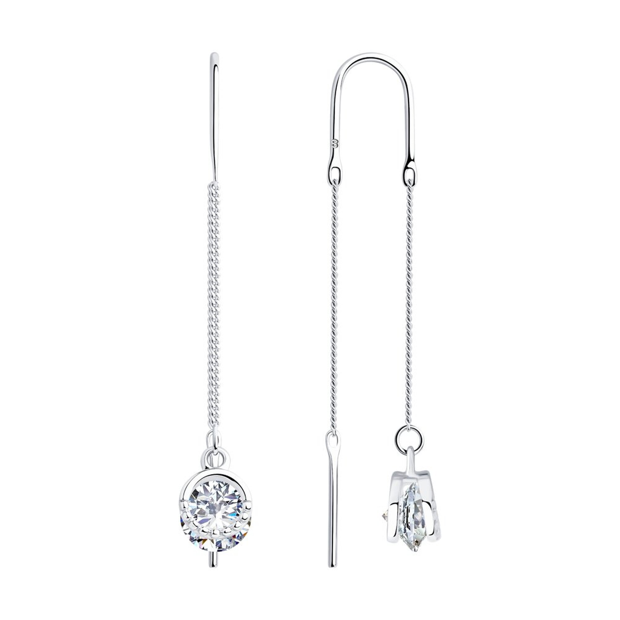 Серьги цепочки, серебро, 925 проба, родирование, фианит