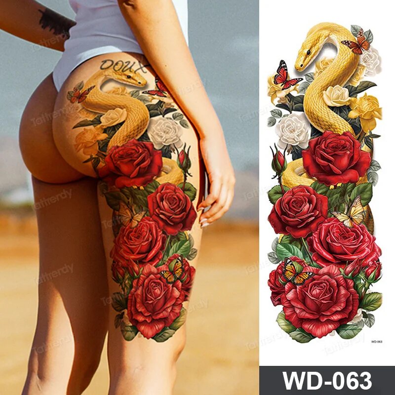 Временная татуировка Tattrendy WD63, змея с розами