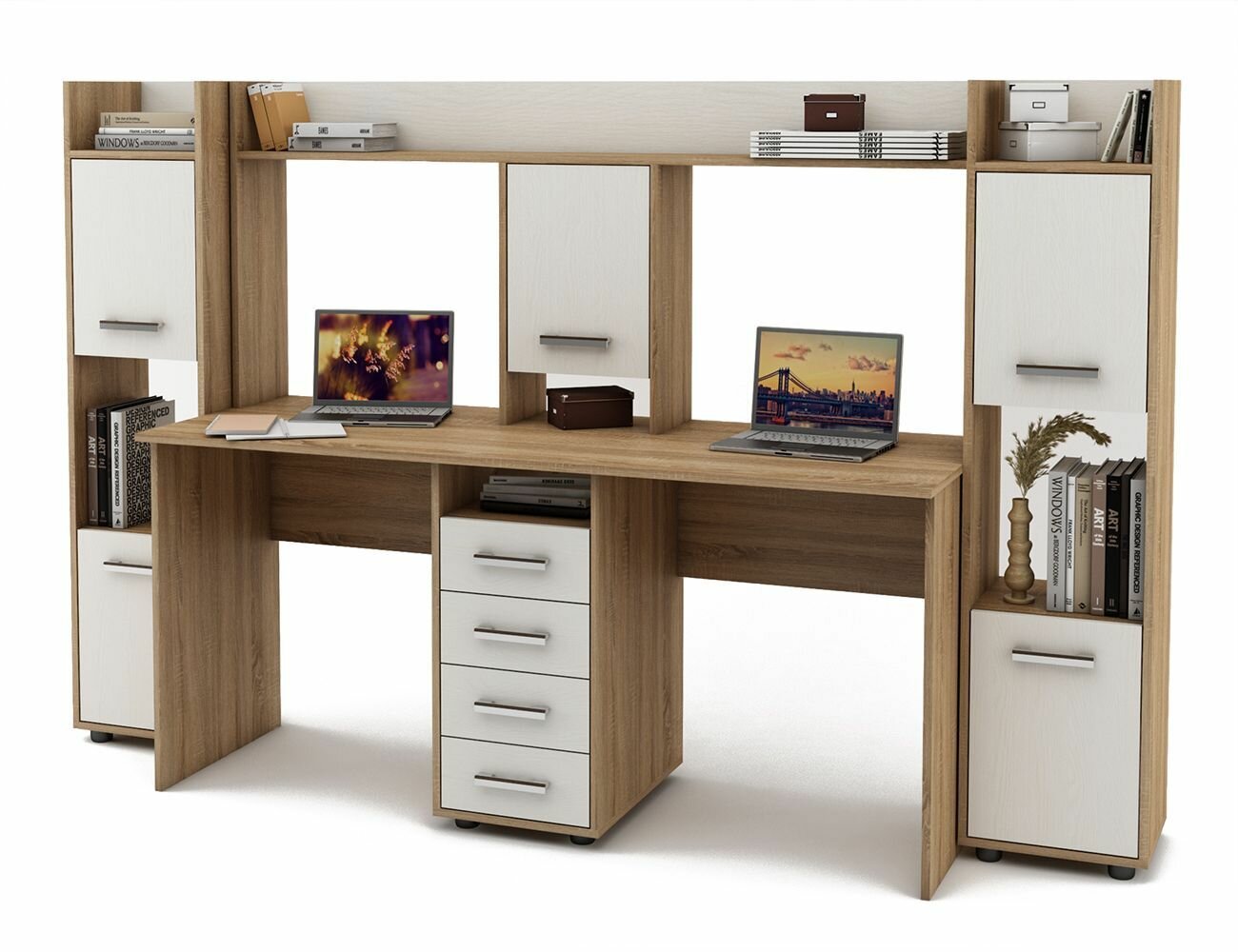 Стол письменный для двоих со стеллажами Остин (Ливерпуль) 16 дуб сонома/белое дерево