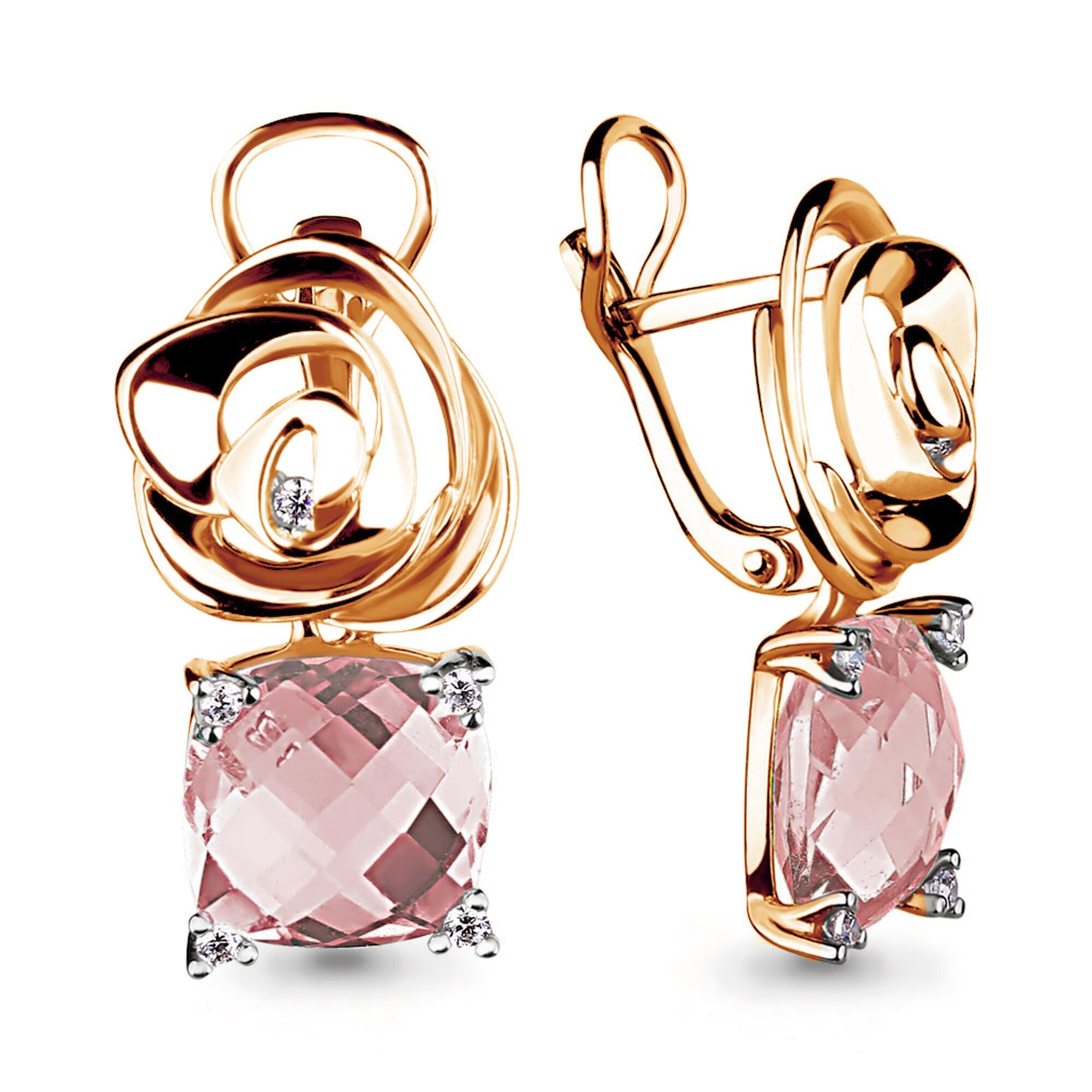 Серьги, серебро, 925 проба, золочение, морганит, фианит