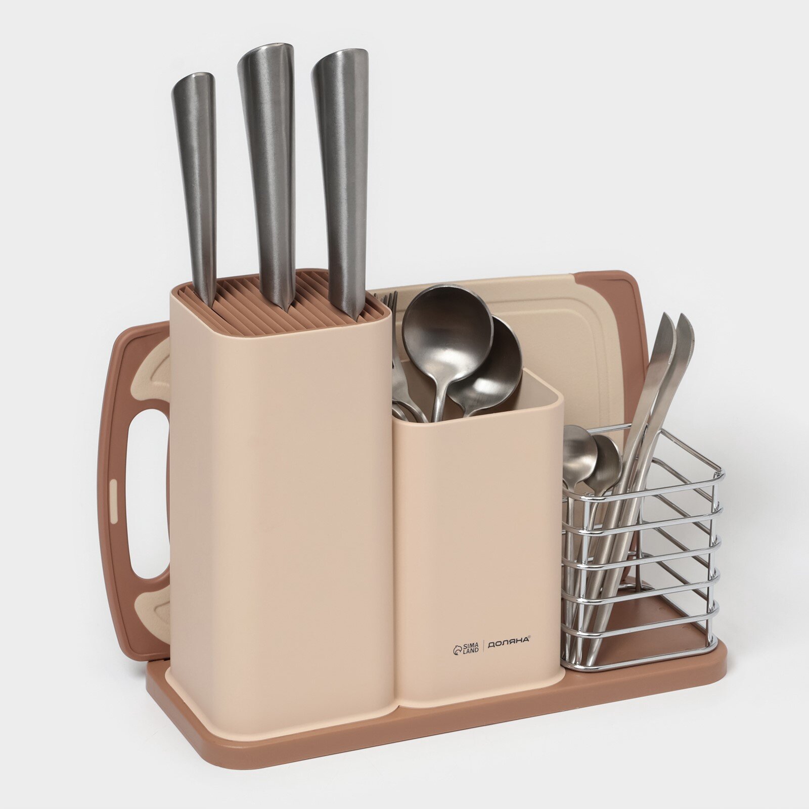 Подставка для кухонных ножей и столовых приборов Доляна «Нежность», пластик, бежевая
