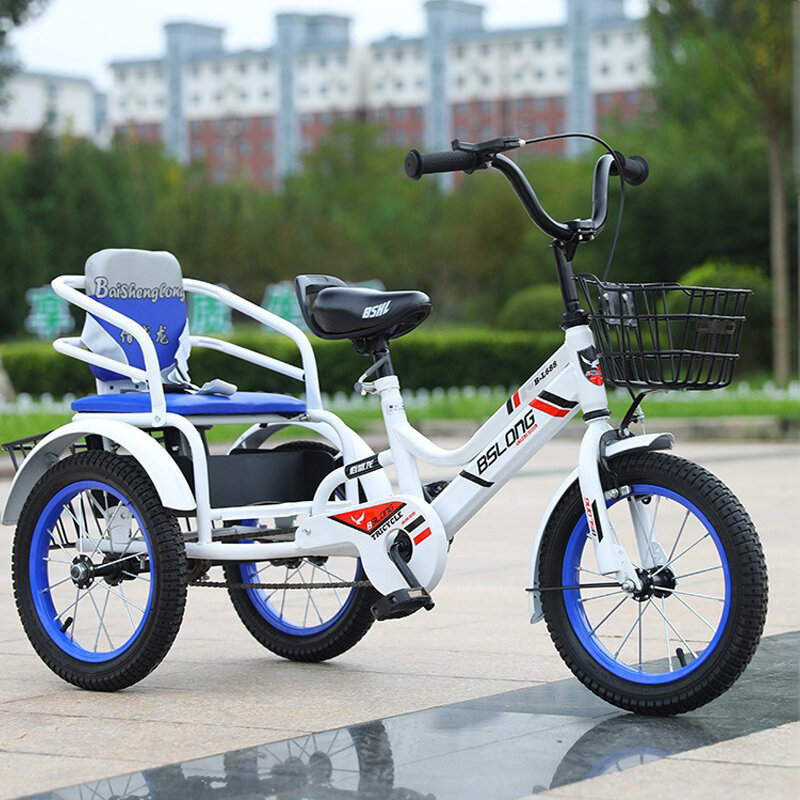 Детский трехколесный велосипед 16 дюймов складной для мальчиков и девочек, белый и синий