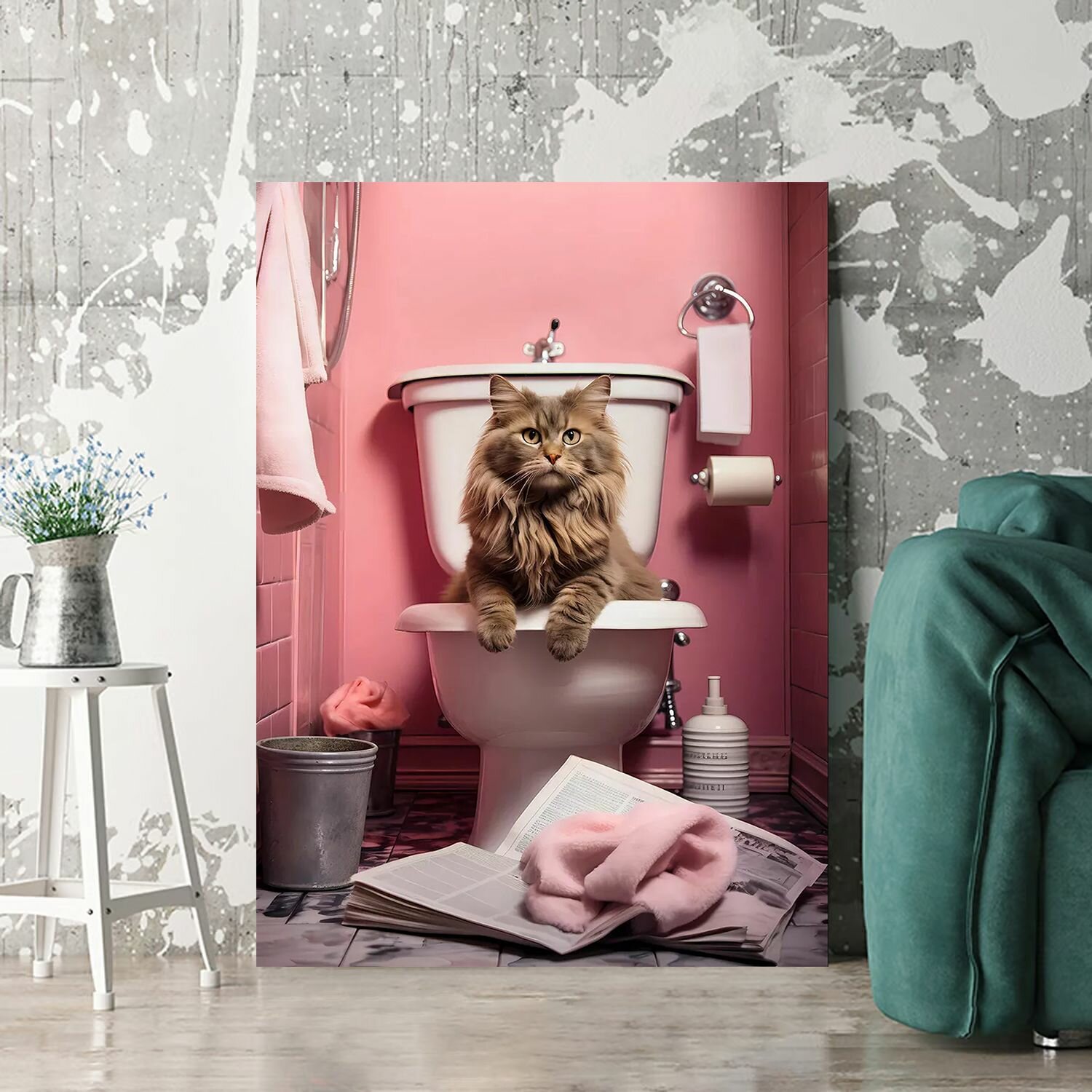 Картина в туалет, ванную комнату Кот читает газету, 30х40 см.
