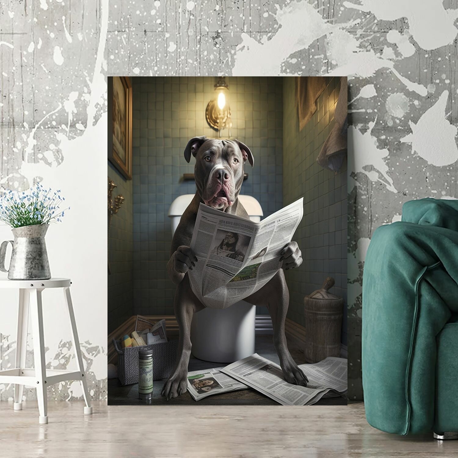 Картина в туалет, ванную комнату стаффордширский терьер читает, 30х40 см.