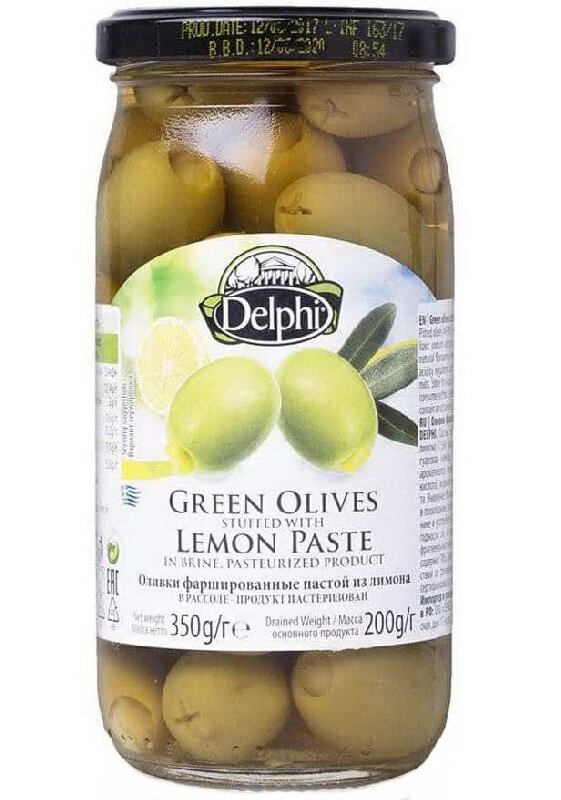Оливки DELPHI фаршированые пастой из лимона в рассоле /стекло/ 350г