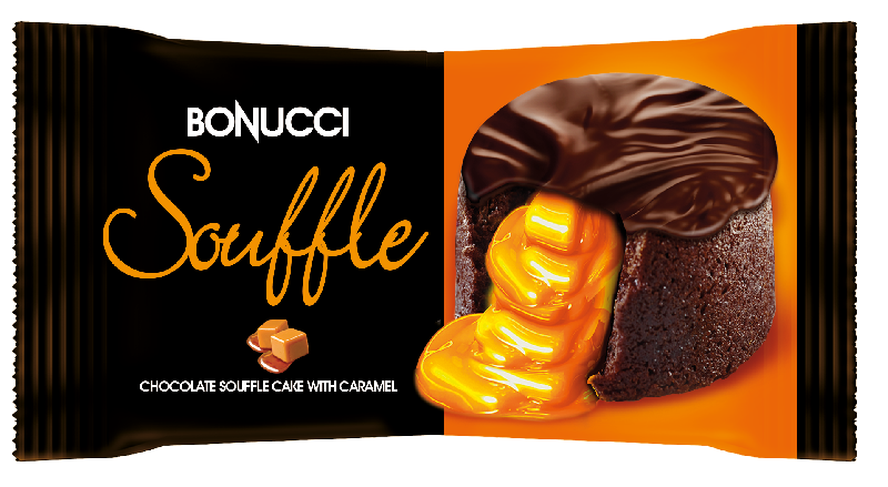 Пирожное BONUCCI "Souffle" бисквитное глазированное с начинкой "карамель" 40г