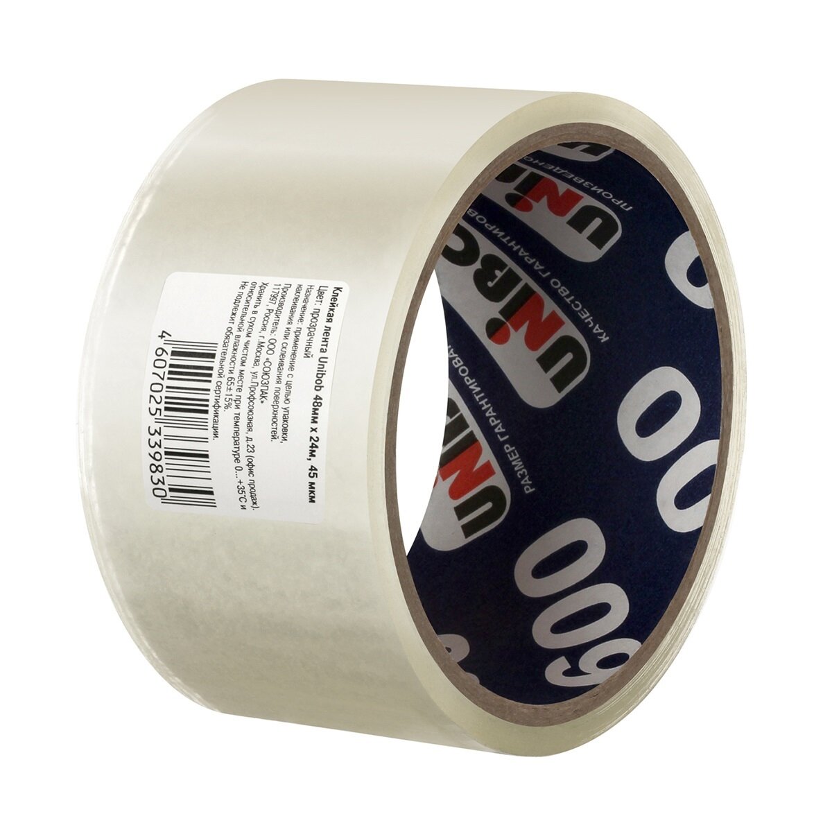 Скотч упаковочный прозрачный 48 мм х 24 м, 45 мкм "Unibob", односторонний