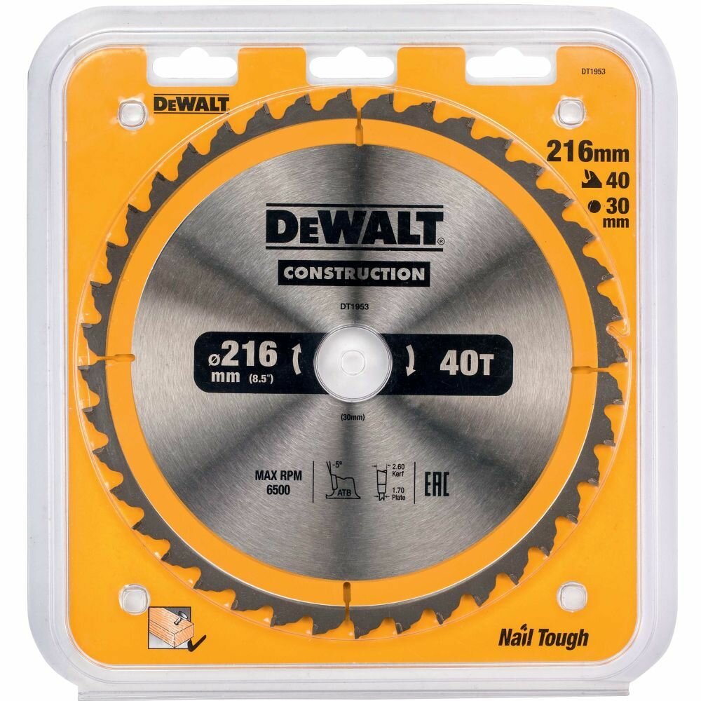 Диск пильный по дереву DEWALT CONSTRUCTION, 216х30х40 (DT1953-QZ)