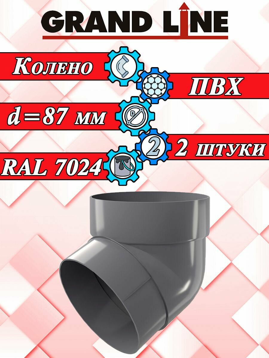 Колено трубы 67 градусов 2 штуки Grand Line ПВХ графит RAL 7024 (d 87 мм) для водосточной системы Гранд Лайн (120/90), комплект элементов водостока для крыши