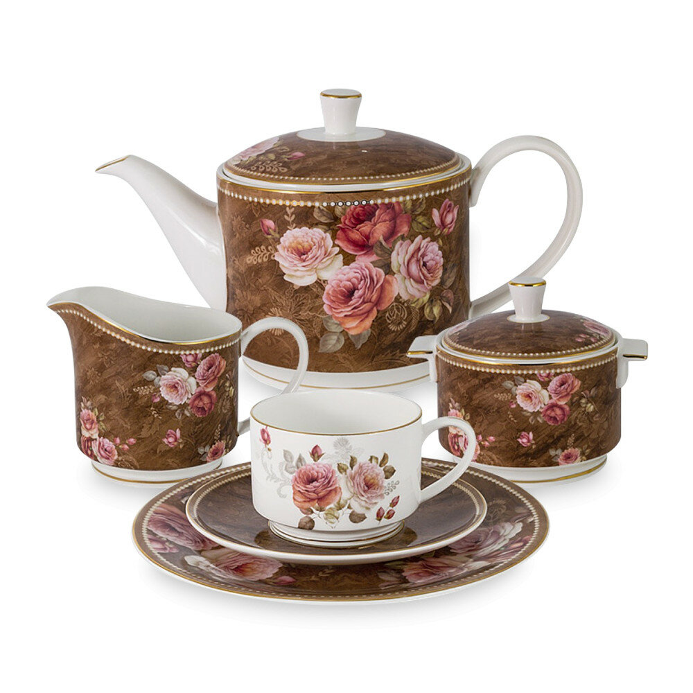 Чайный сервиз "Английская роза" 21 предмет на 6 персон из костяного фарфора в подарочной коробке.