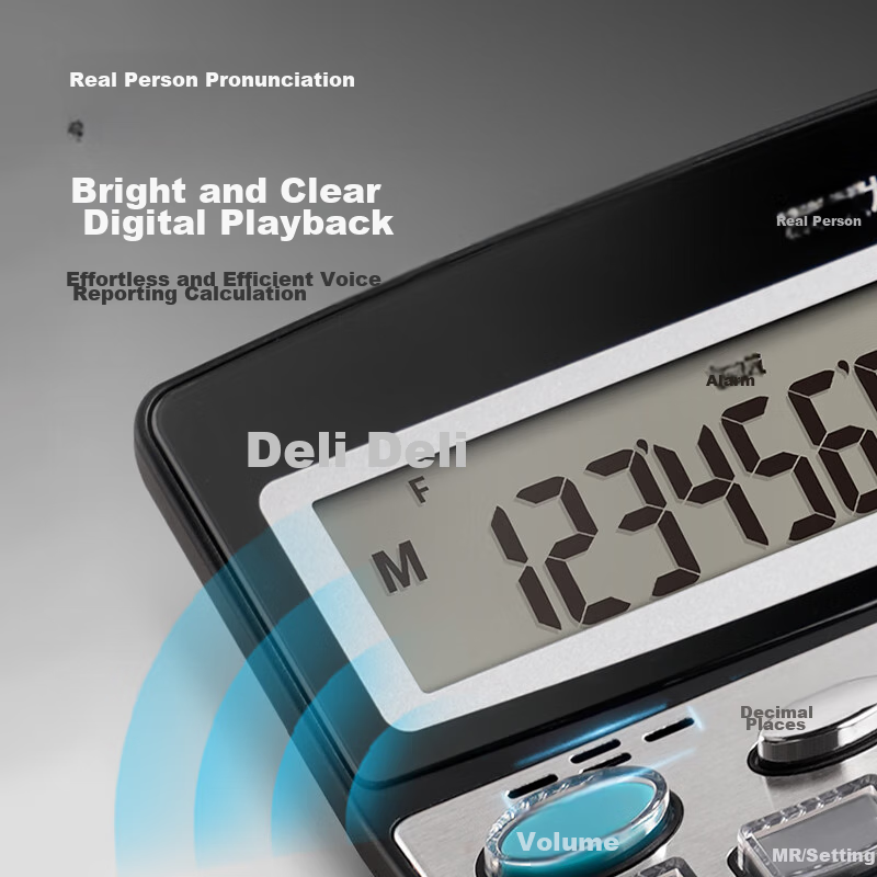 [Super Popular] Deli 12-Digit Metal Panel Voice Calculator, Large Crystal Buttons, Large Screen Financial Calculator, Office Supplies, Bright Moon Silver 77550