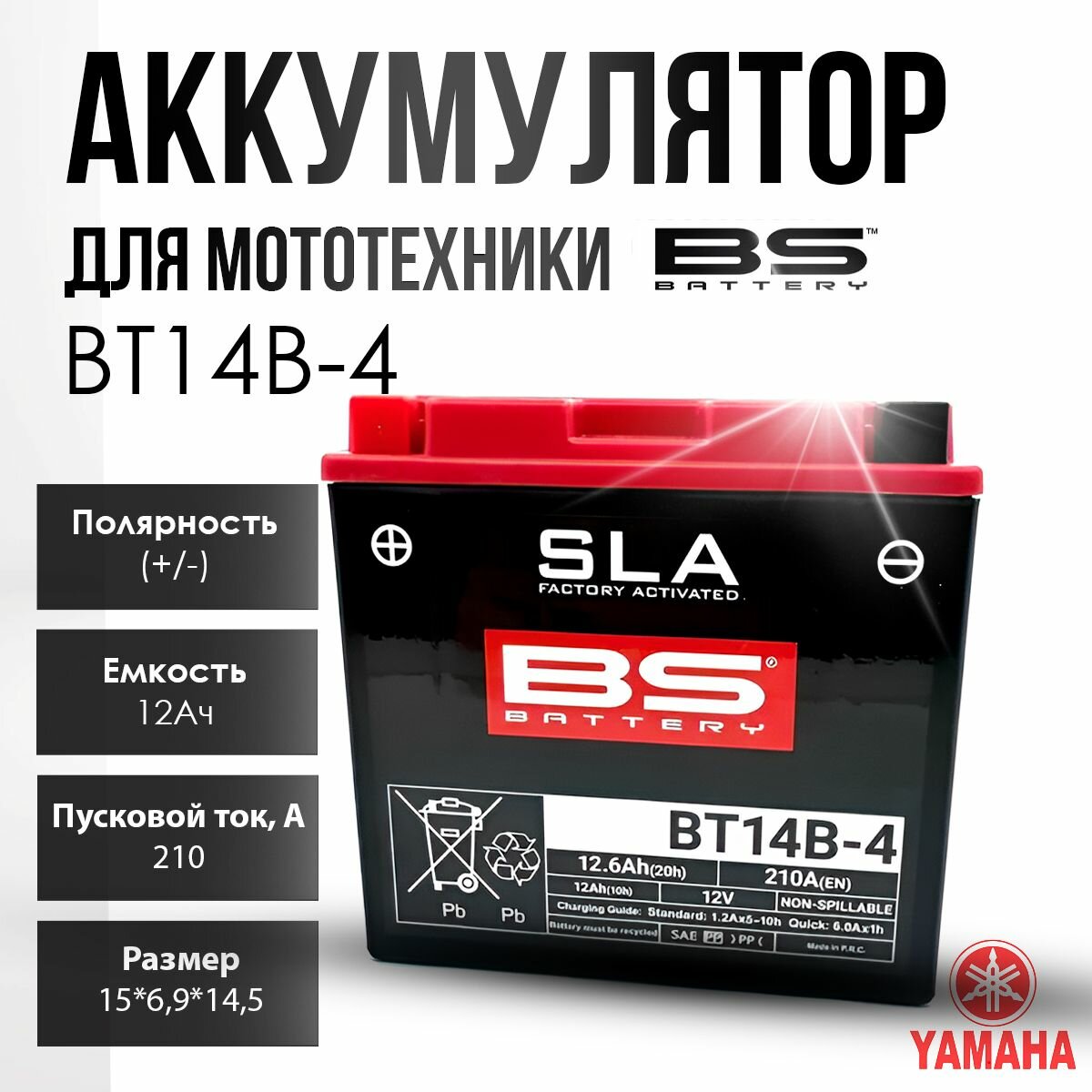 Аккумулятор BS Battery BT14B-4 для мотоциклов YAMAHA FJR 1300; FZS 1000; MT-01; XJR 1300; XV 1700; XV 1900A; XVS 1100 Drag Star (YT14B-4)
