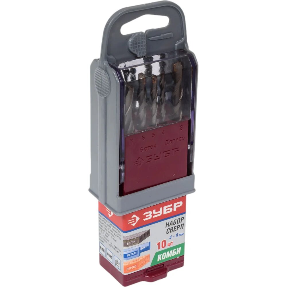 Набор сверл комбинированный (10 шт.) в супер боксе Зубр 4-29704-H10-SB для надежной фиксации инструмента