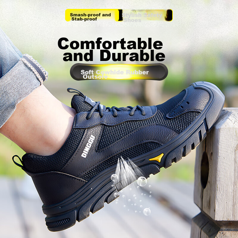 Dinggu Men's Steel Toe Safety Shoes Anti-Smashing and Puncture-Proof Work Shoes for Men, Four Seasons, Model 1113, Black, Size W43