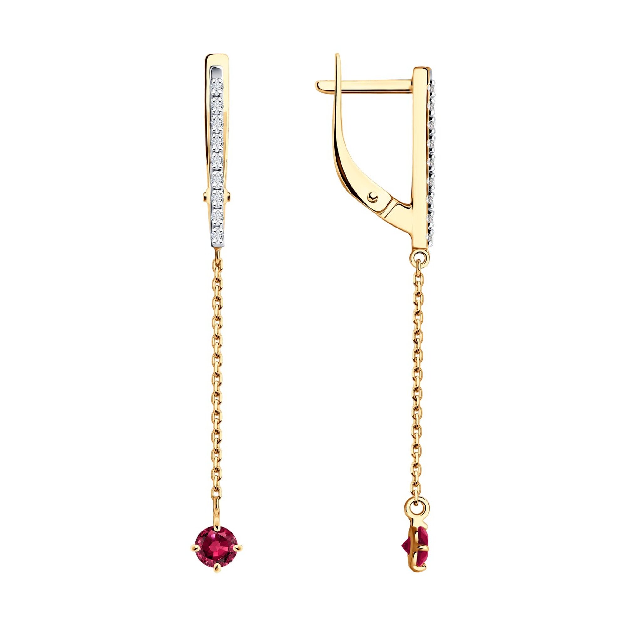 Серьги, красное золото, 585 проба, рубин, бриллиант