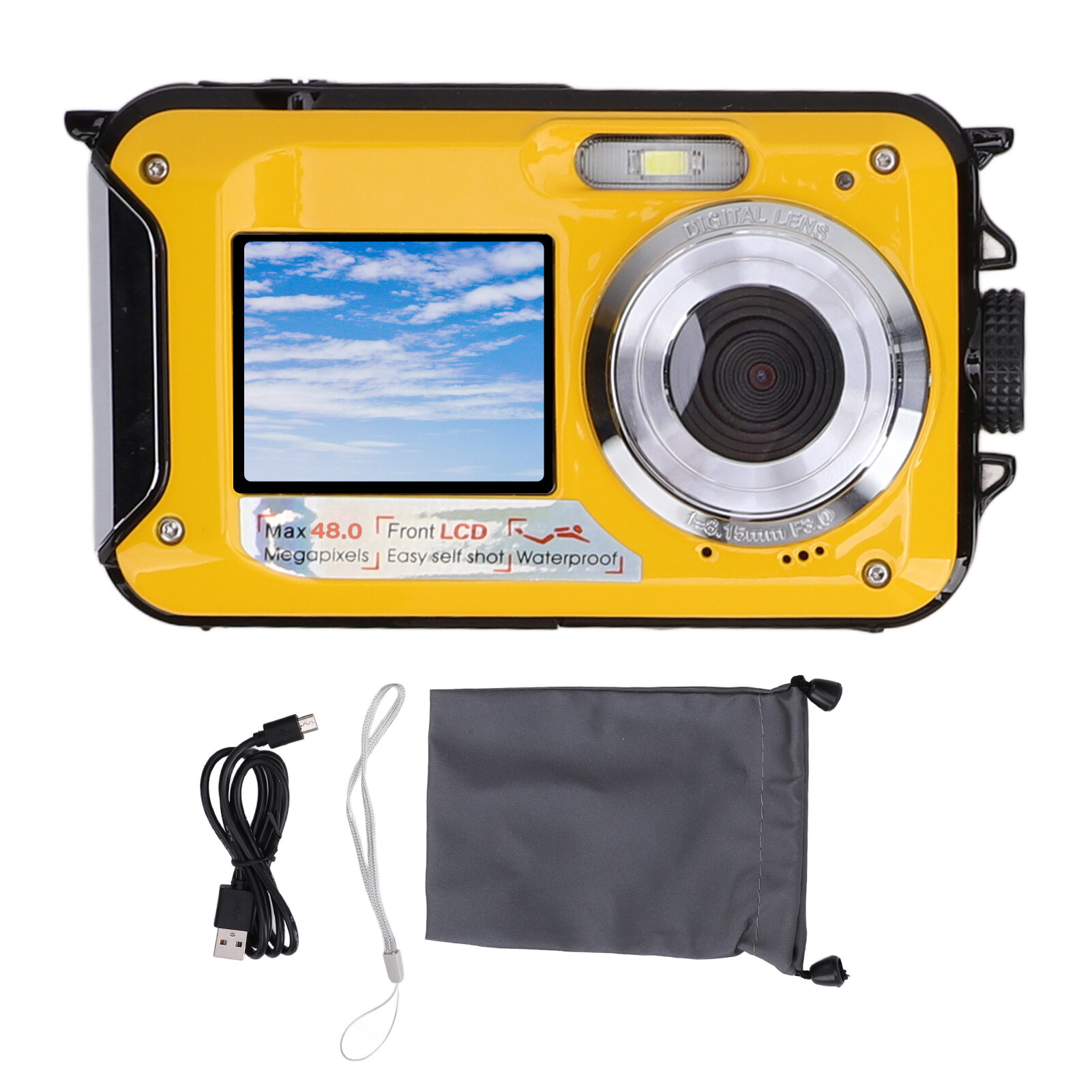 Подводная камера 2.7K с двумя экранами, 48 МП, 16-кратным зумом, водонепроницаемость до 3,3 метра, компактная цифровая камера для сноркелинга и дайвинга, жёлтая.