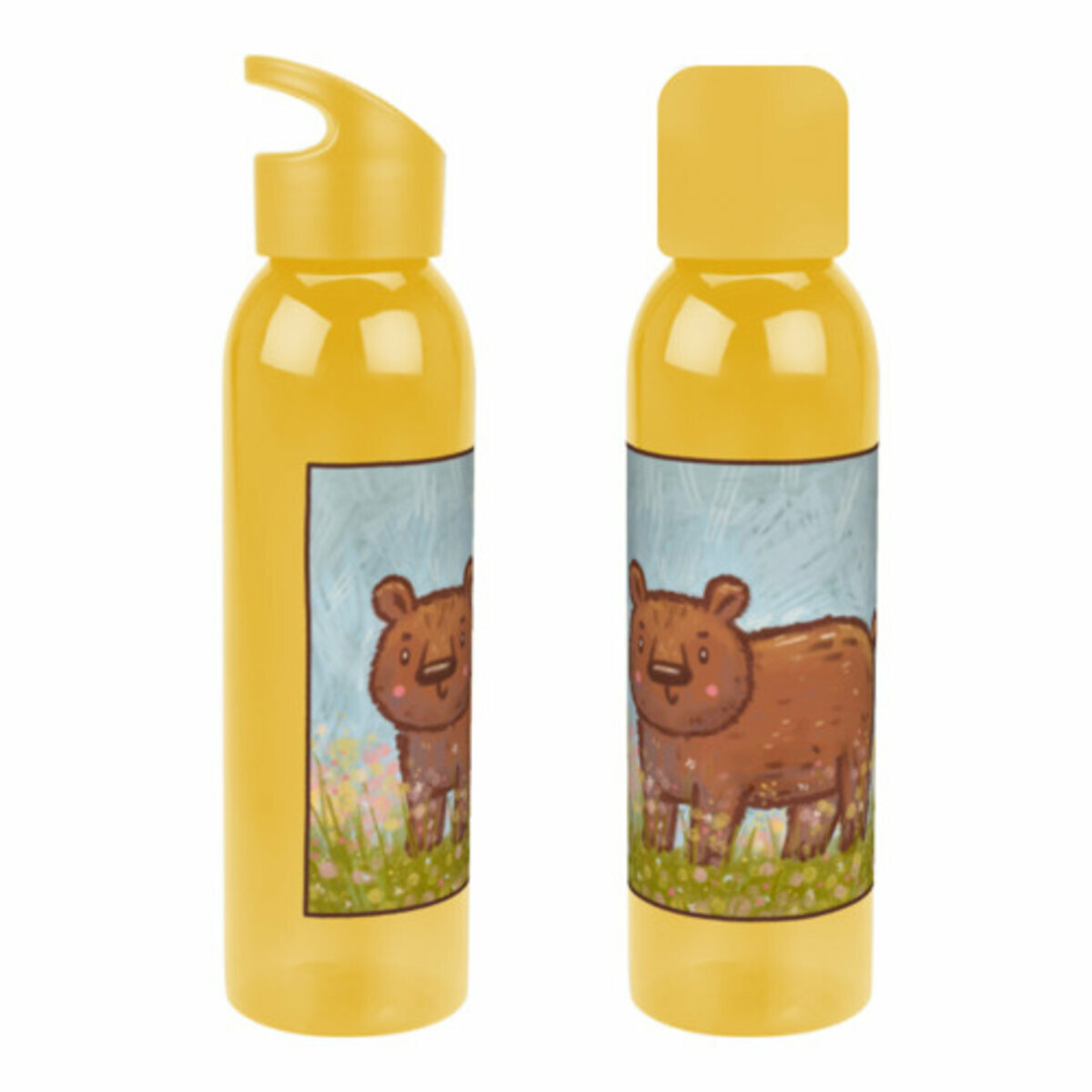 Бутылка для воды «Медведь и поле цветов. Пастель. Живопись» (желтый)