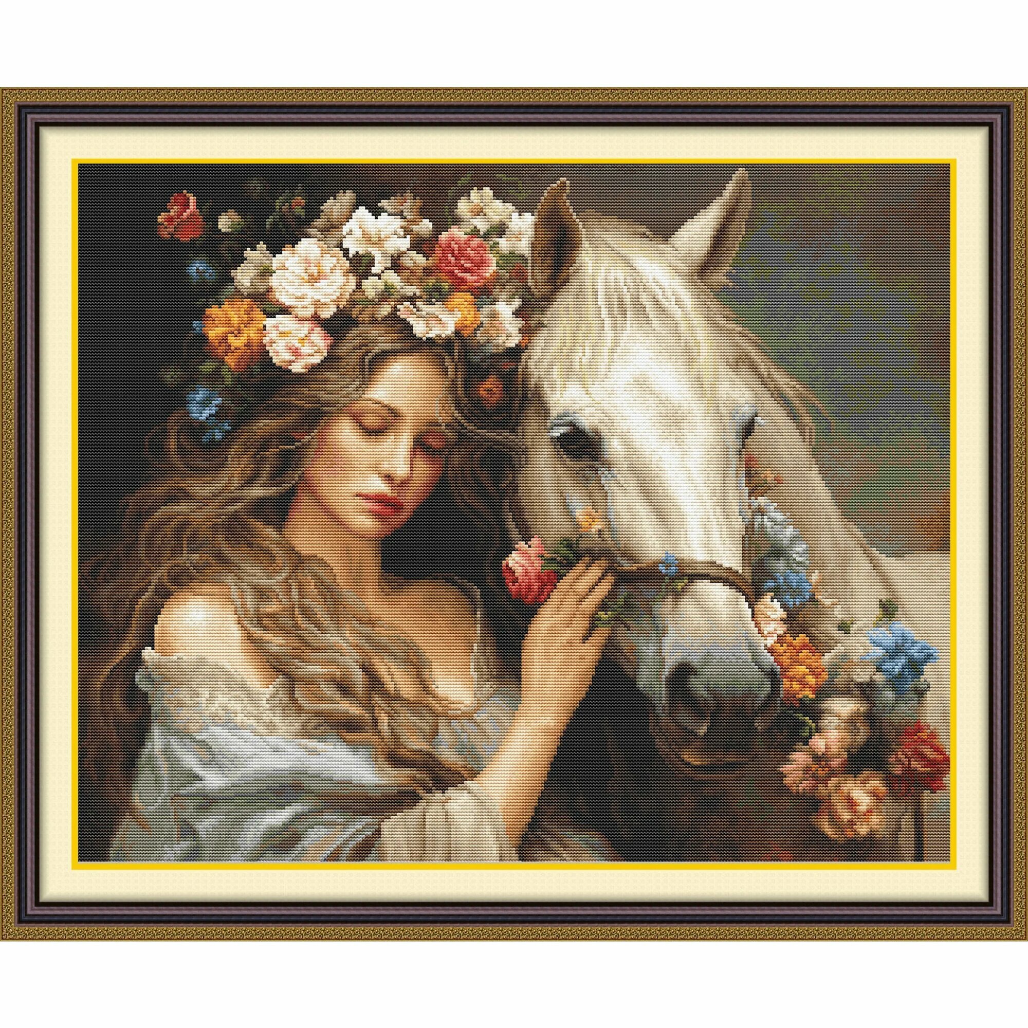Набор для вышивки крестом Joy Sunday Woman with Flowers and Horse 16CT HD Printed