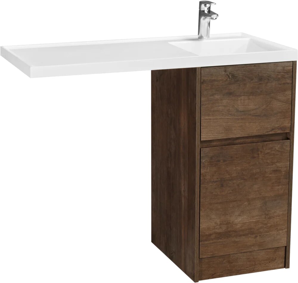 Тумба с раковиной AQUATON Лондри подвесная, под стиральную машину, напольная, 105 см, темное дерево, матовая, из ЛДСП, с ящиками, раковина для ванной из искусственного мрамора, прямоугольная
