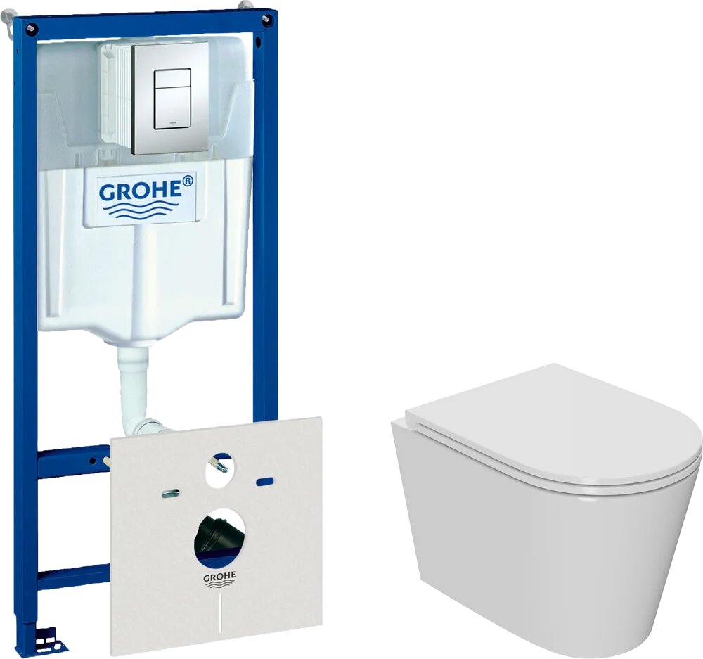 Комплект Унитаз подвесной Bauedge Bau Nimb Hurricane-2 безободковый, с микролифтом, белый / Система инсталляции для унитазов Grohe Rapid SL 38772001,