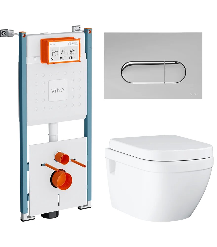 Комплект 3 в 1 Унитаз подвесной Grohe Euro Ceramic 39703000 / Инсталляция VitrA Ви-Фикс Кор (V-Fix Core) 732-5800-01PV / Кнопка Рут Раунд (Root Round) 740-2280 цвет хром