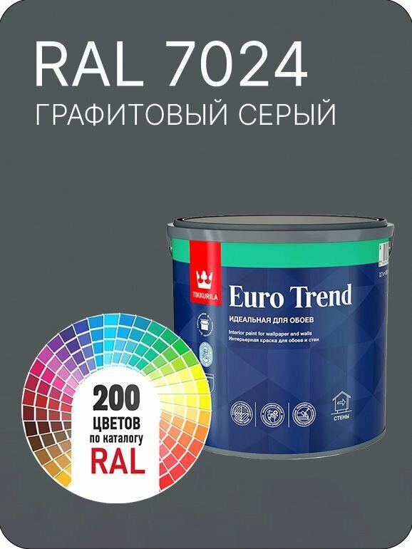 Краска по обоям для стен и потолка Tikkurila Euro Trend графитовый серый Ral 7024 2.7 л.