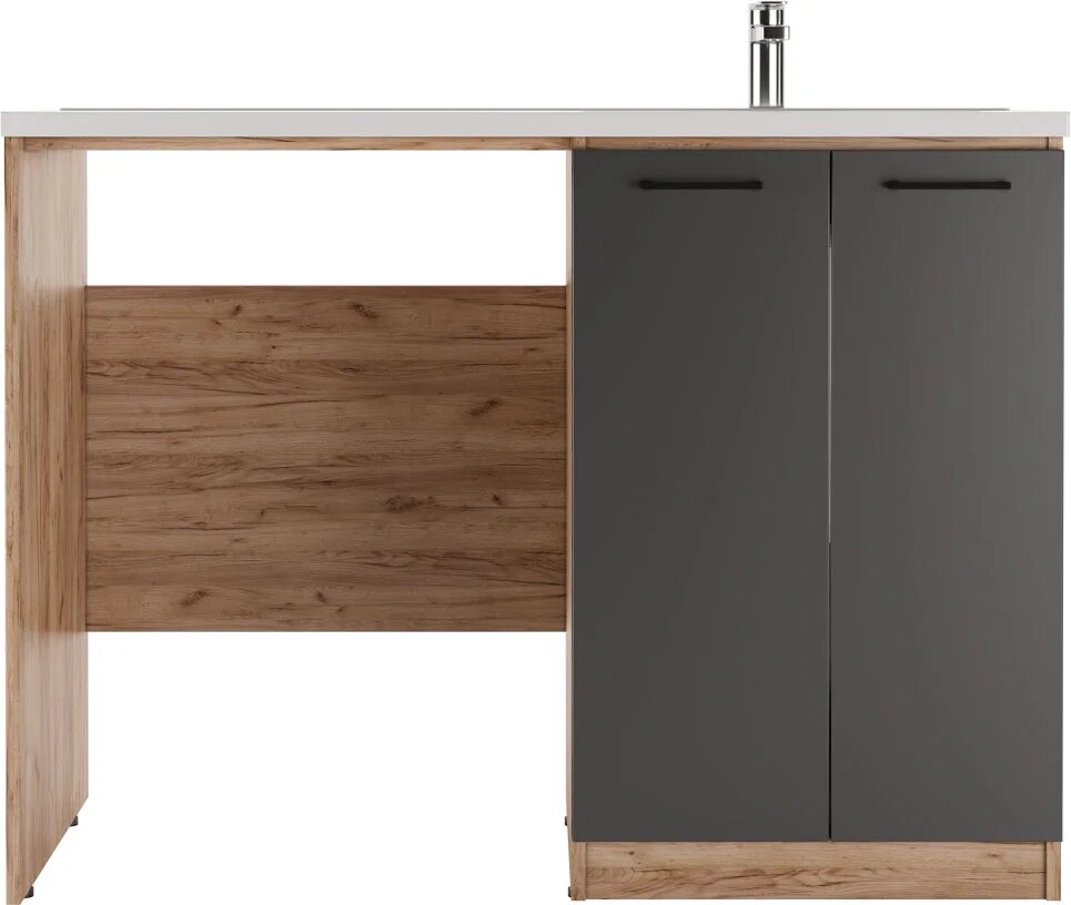 Тумба с раковиной Домино Craft 120 под стиральную машину, напольная, 120 см, серая, светлое дерево, матовая, из МДФ, с корзиной, с дверками, раковина для ванной, из искусственного мрамора, прямоугольн