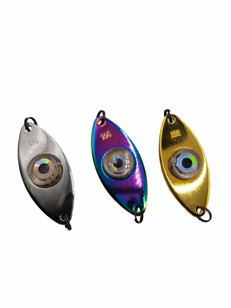 Набор Блесен-Мигалок 15г (Золотая, Серебряная, Радужная) с Глазом для Ловли Хищной Рыбы. Приманки для Спиннинга, Троллинга, Ночной Рыбалки.