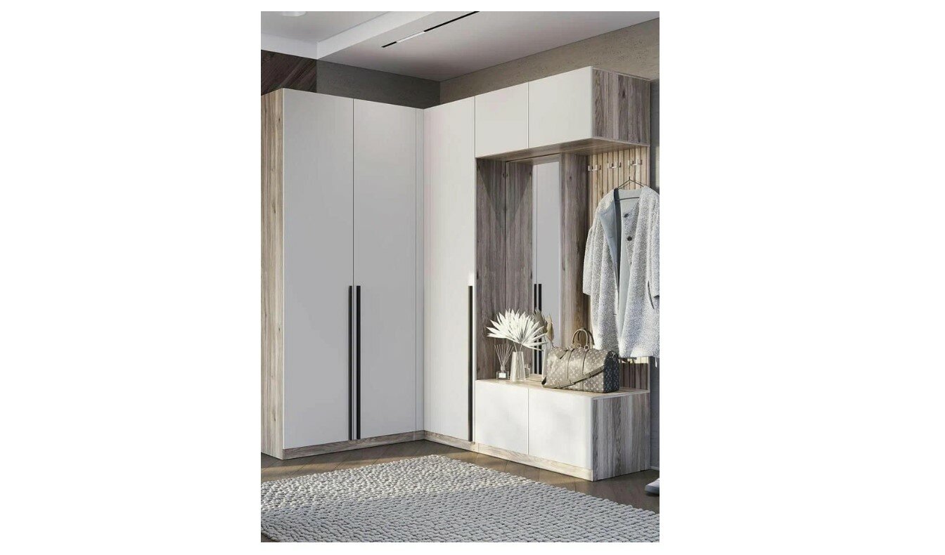 Прихожая комплект Урбан угловая, сзеркалом, с обувницей, 206.2х157.4х229.3 см, Дуб смоки / Кашемир