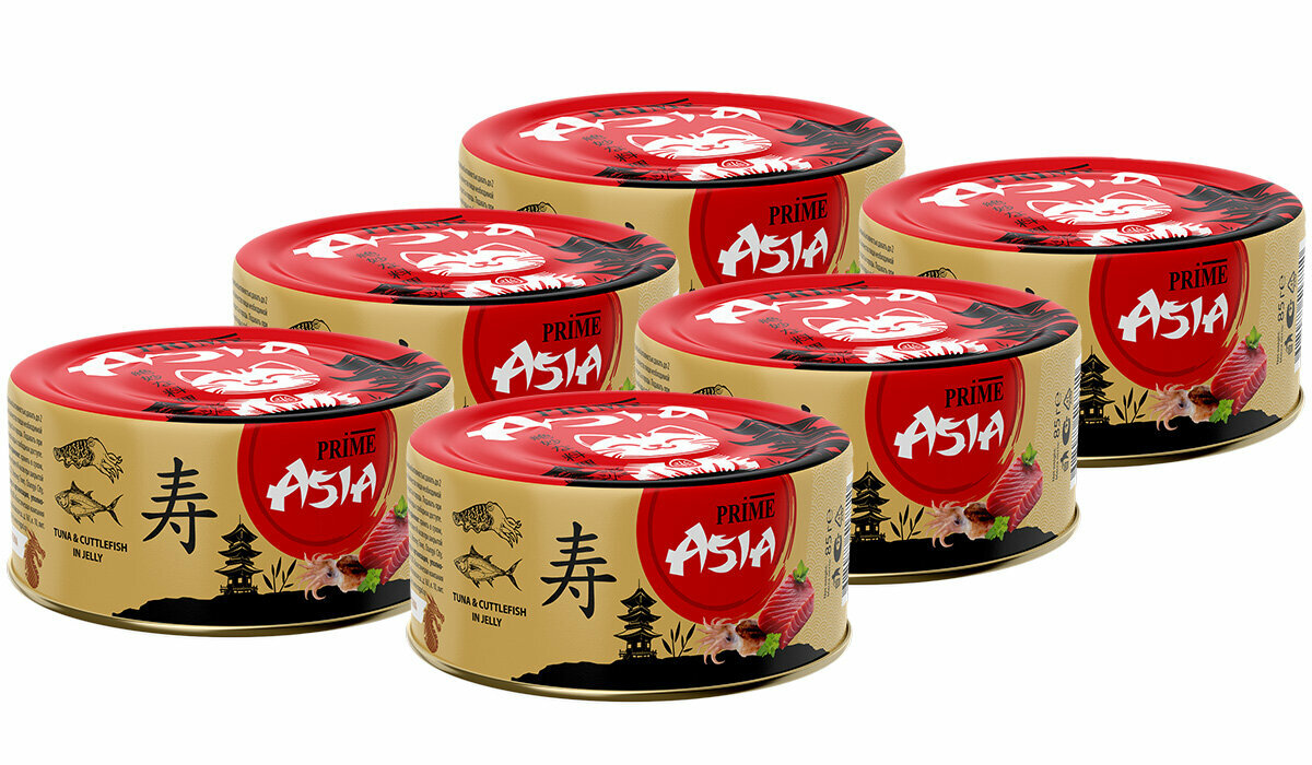 Корм влажный Prime Asia Tuna & Cuttlefish для кошек, тунец и каракатица в желе, 85 г х 6 шт