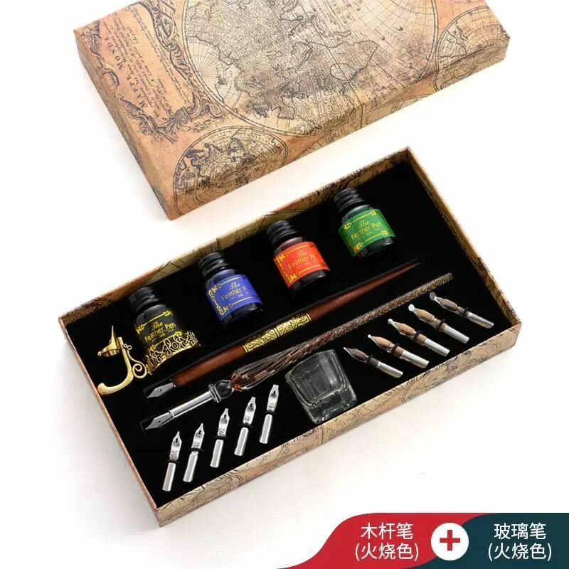 Набор для каллиграфии - 10 разноразмерных перьев, 2 держателя, 4 цвета туши по 17 мл