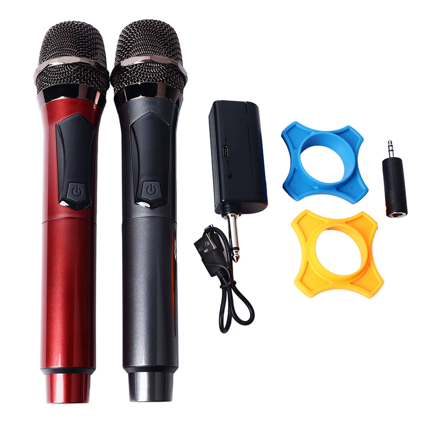 Dual Wireless Microphone with Rechargeable Receiver Red Grey Dynamic Long Range Mic System for KTV Sing