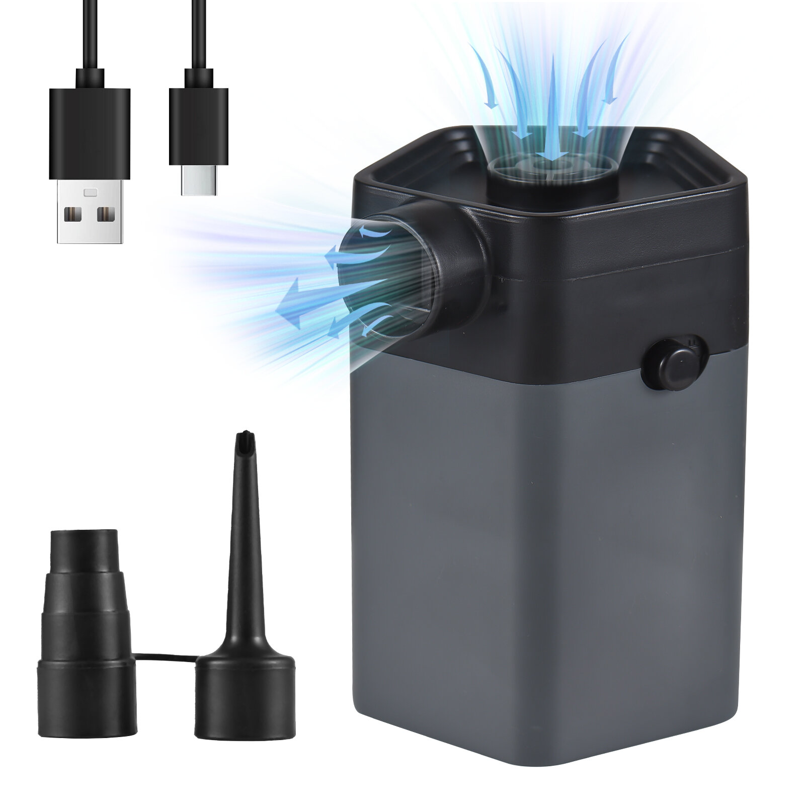 Мини-насос воздушный беспроводной, перезаряжаемый, 6000 Па, 2850 об/мин, надувной, 120 л/мин, электрический, ручной, с 2 насадками для надувных матрасов и матрасов для бассейна.