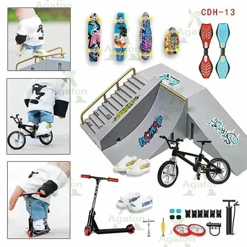 Набор фингербордов со скейтпарком , самокатом и велосипедом, мини фингер-скейт, велосипед, рампа антистресс